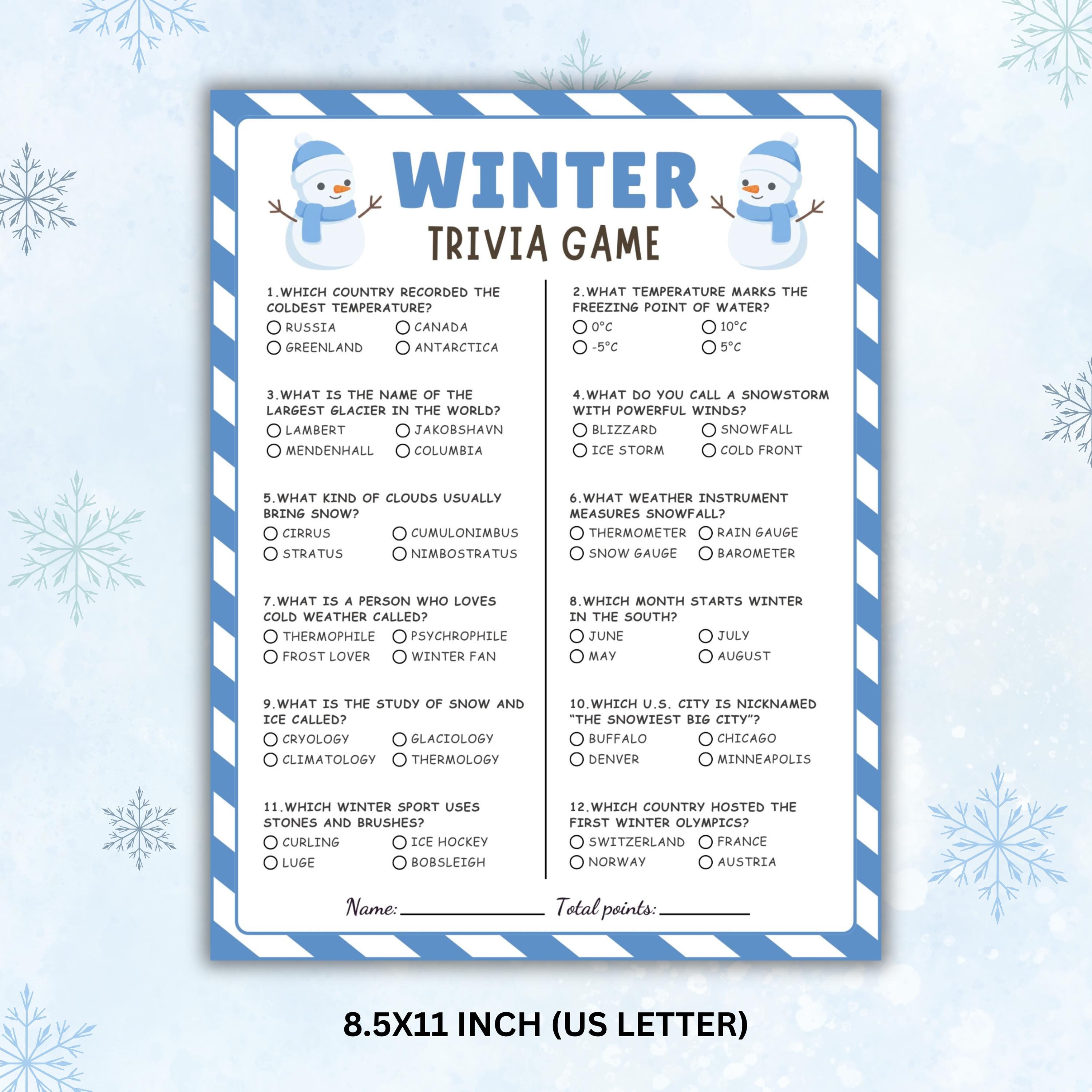 Winter Trivia Game Printable | Fun Winter Games for Adults and Kids ...