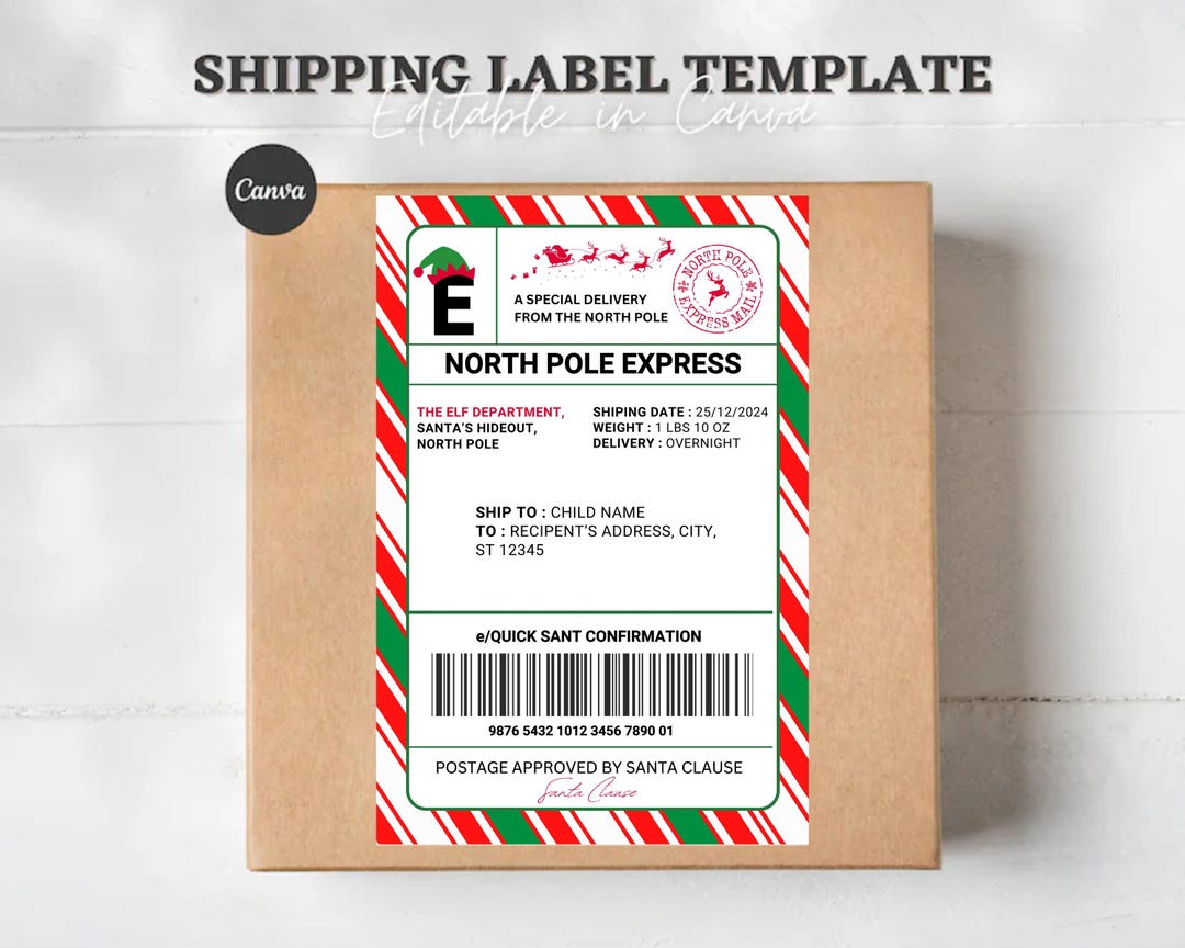 EDITABLE Elf Shipping Label, North Pole Delivery Tags, Santa Mail ...