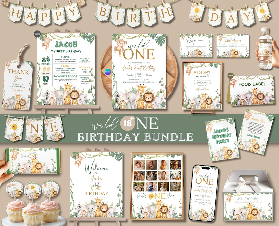 Wild One Birthday Invitation Bundle, Safari 1st Birthday Invite, Jungle ...