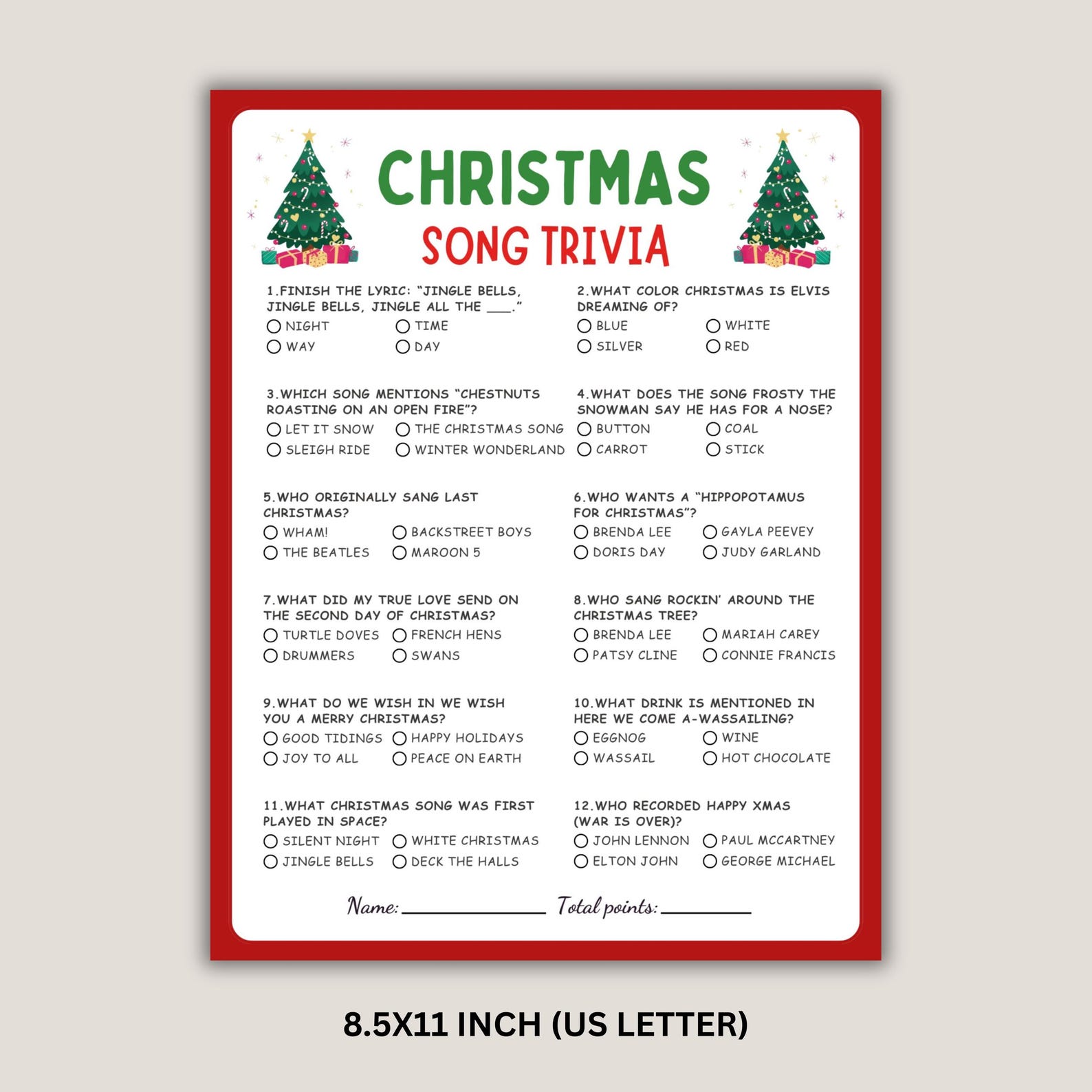 Christmas Song Trivia Game | Holiday Carol Quote Quiz | Printable ...