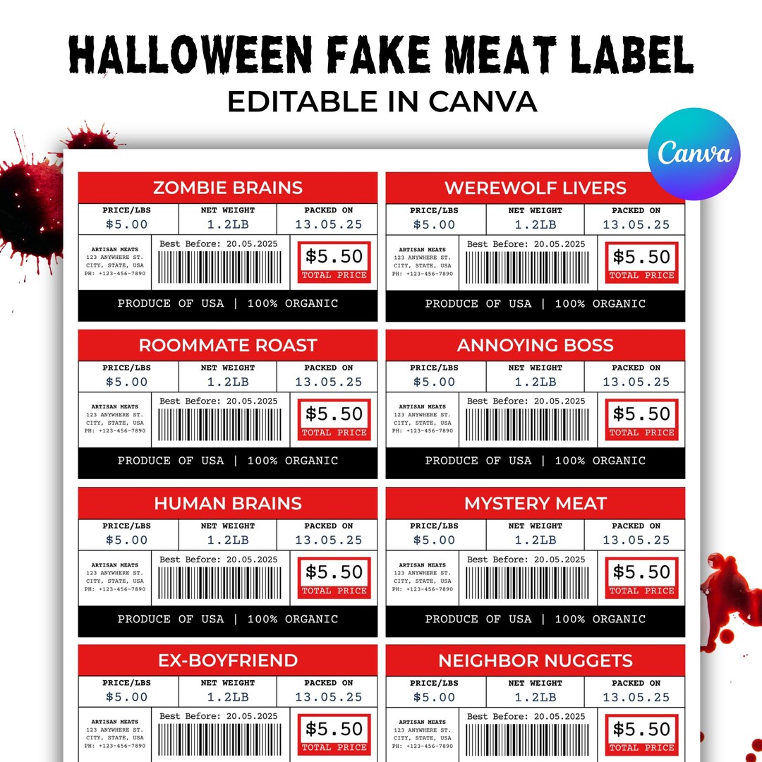 Editable Halloween Meat Labels: Funny Prank Stickers (print at Home ...