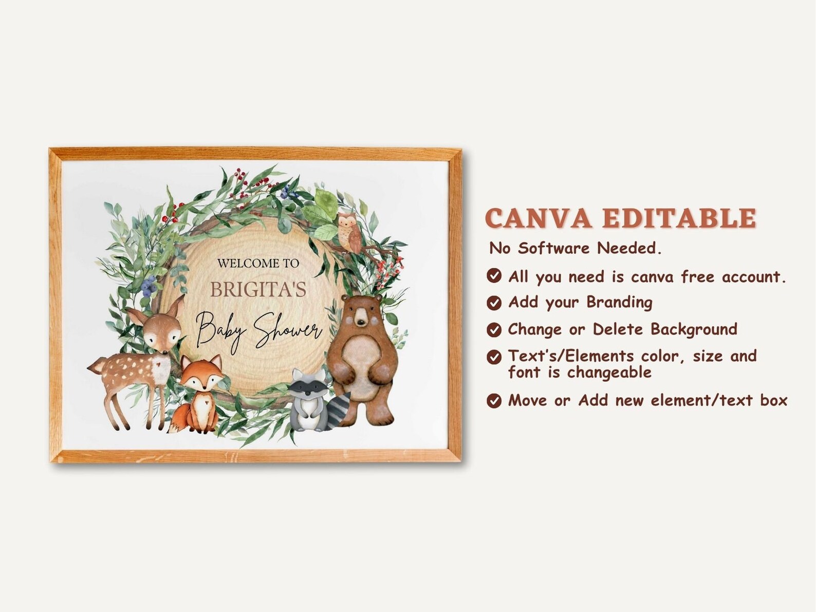 Greenery Woodland Baby Shower Welcome Sign, Rustic Animals (canva ...