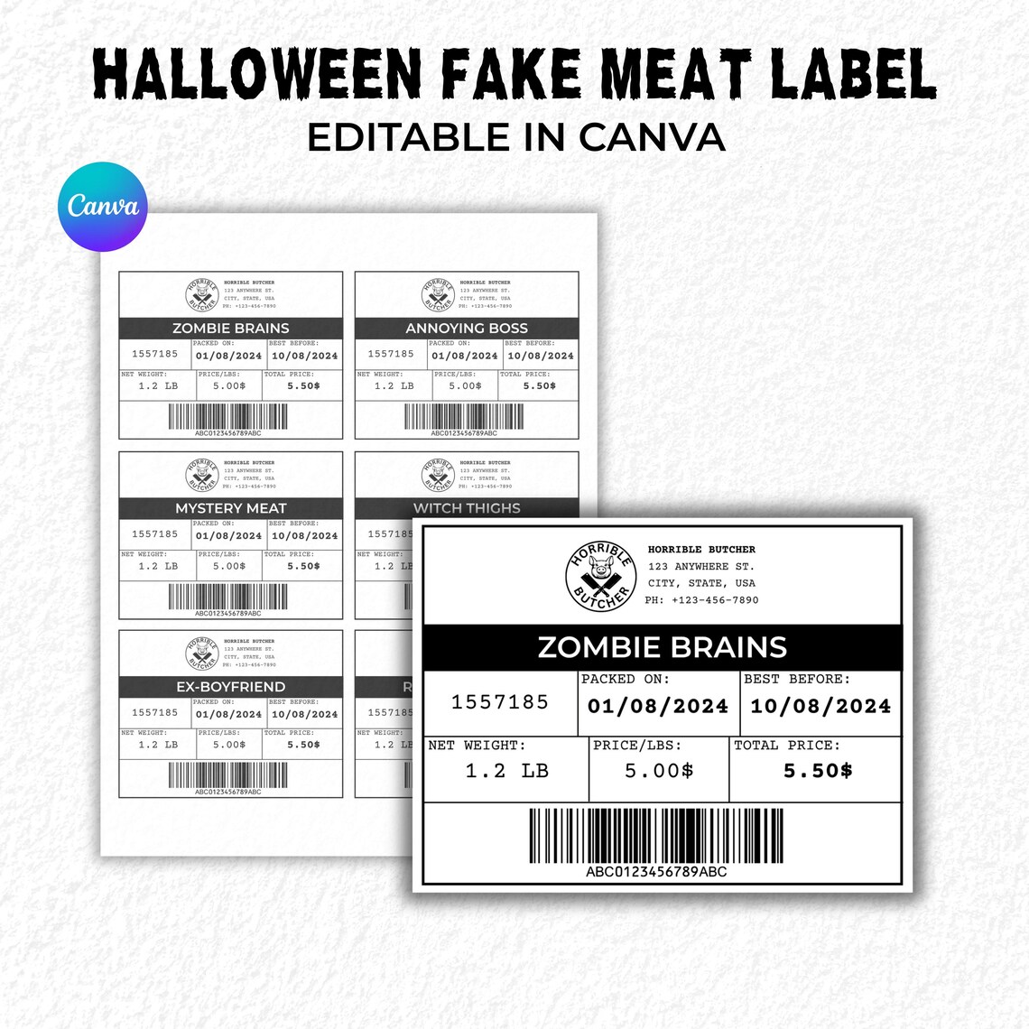 Funny Fake Meat Label Template: Printable Halloween Butcher Prop ...