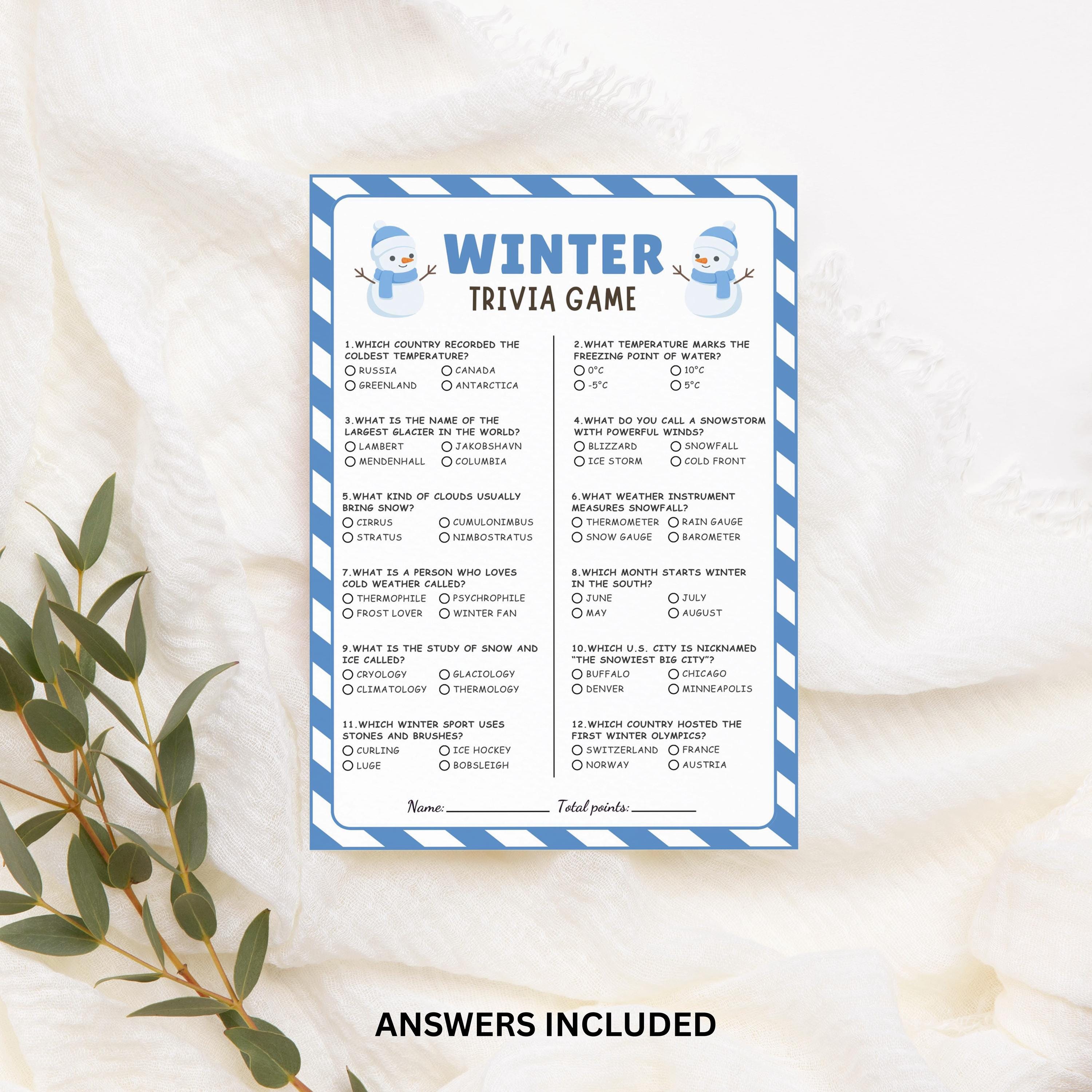 Winter Trivia Game Printable | Fun Winter Games for Adults and Kids ...