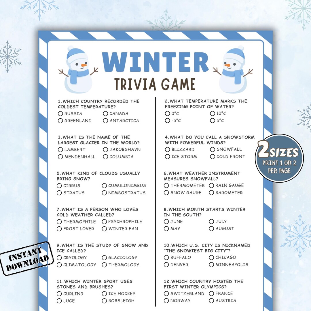 Winter Trivia Game | Christmas Party Activity (PDF Printable) - Etsy
