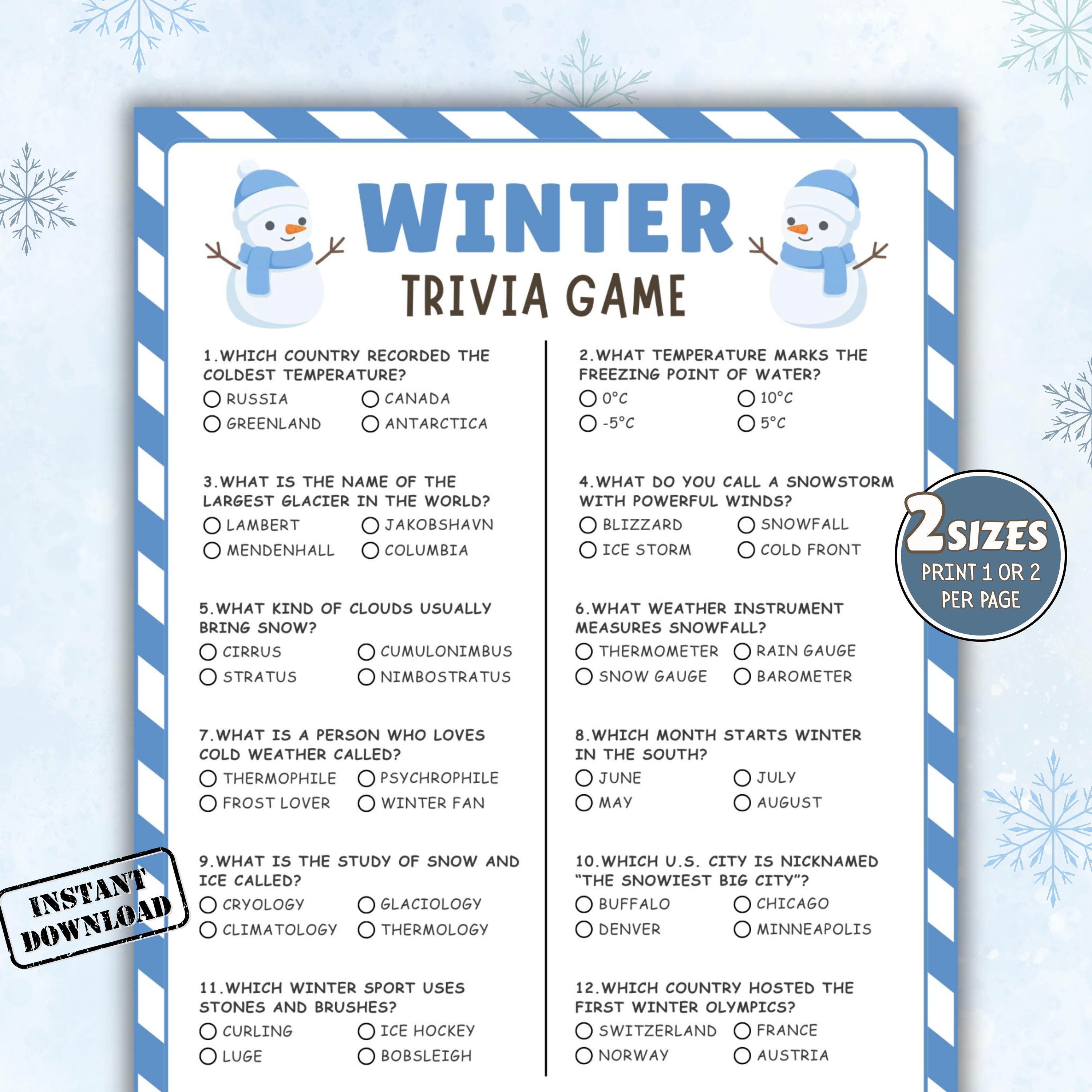 Winter Trivia Game Printable | Fun Winter Games for Adults and Kids ...