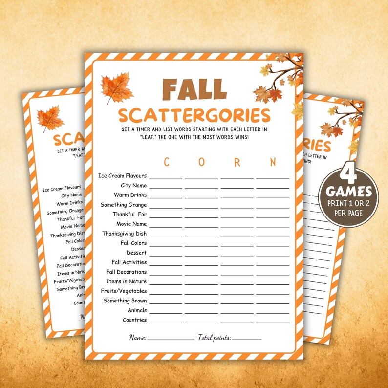 Fall Scattergories Game Bundle, Thanksgiving Party Activity (printable ...