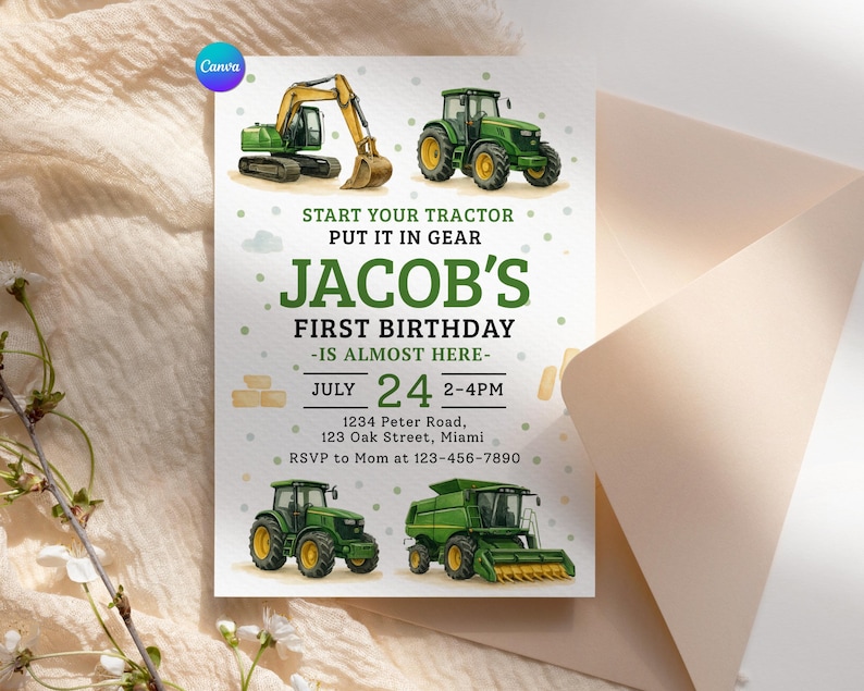 Invitación de cumpleaños de tractor verde para fiesta de granja ...