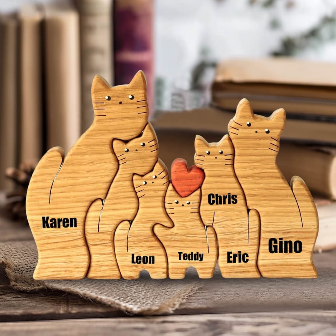 Personalized Wooden Cats Family Puzzle, Customized Engraved Family Name ...