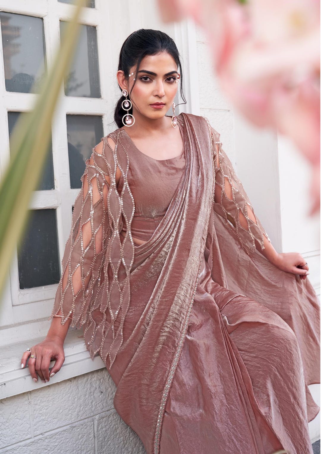 Pyaji Ombre Satin Silk Saree With Handwork Beads & Jacket – Ready to ...