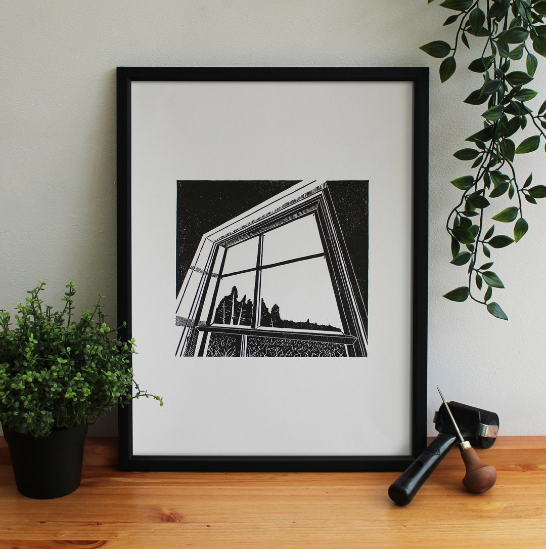 Handprinted 'cabin Window' Lino Print A3 Black - Etsy