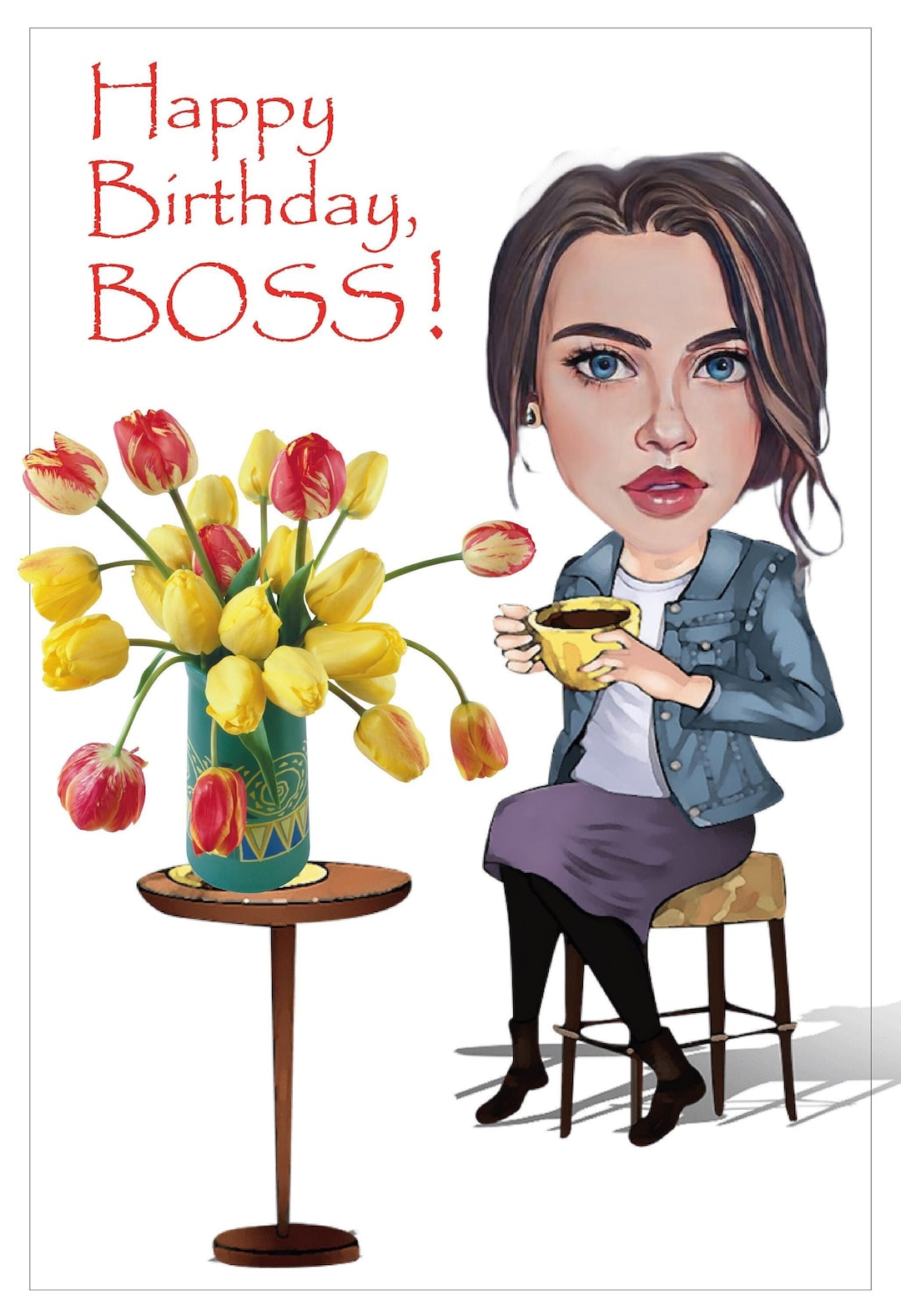 Cartoon Portrait Card, Birthday Boss Wooman Greeting Card, Custom ...