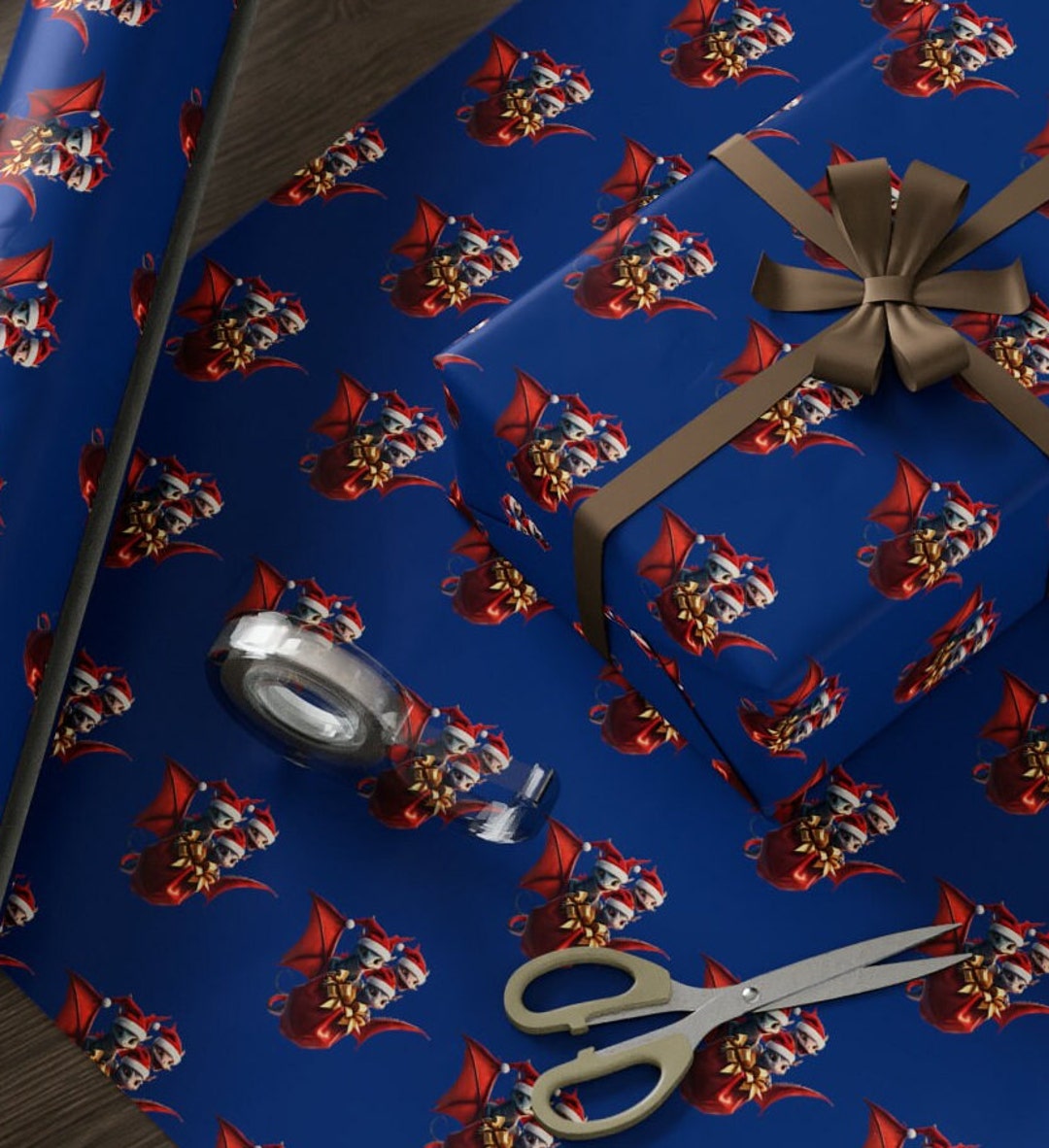Christmas Wrapping Paper, BLUE, Dragon Gift Wrap, Red Holiday Paper ...