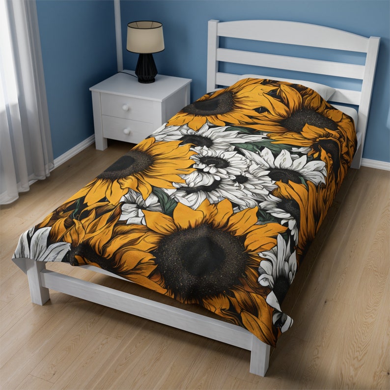 Sunflower Pattern Blanket, Spring or Summer Couch Plush Throw, Yellow and White Flower Bed Cover ...