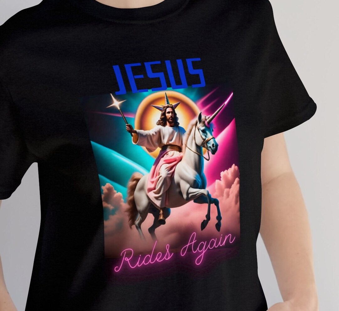 Jesus Christ Riding Unicorn T-shirt Funny 80's Vintage Style Neon Tee ...