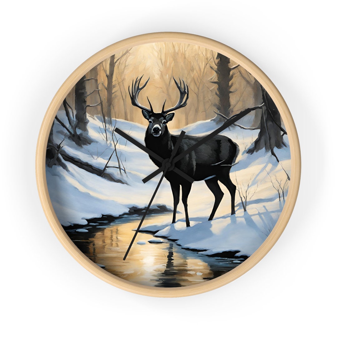Big Buck Deer Wall Art Clock Winter Nature Scene Snowy Creek Wall ...