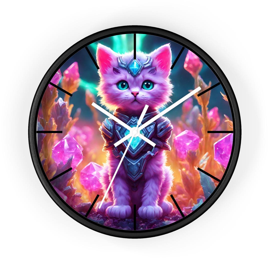 Cosmic Neon Warrior Cat Wall Clock, Galaxy Space Kitty Home Decor ...