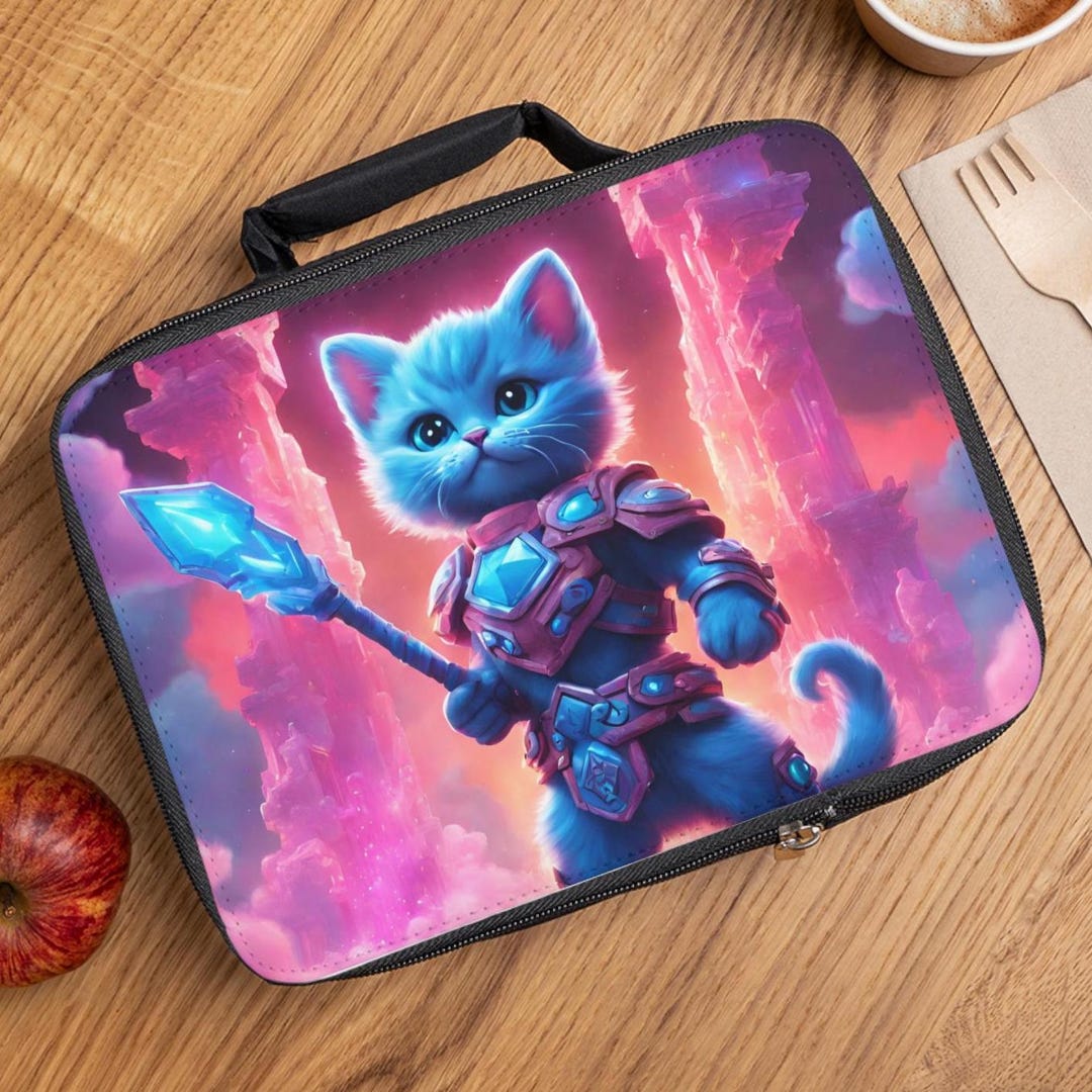 Neon Aqua Blue Warrior Cat Lunch Bag Box, Lush Crystal Tower Cloud ...
