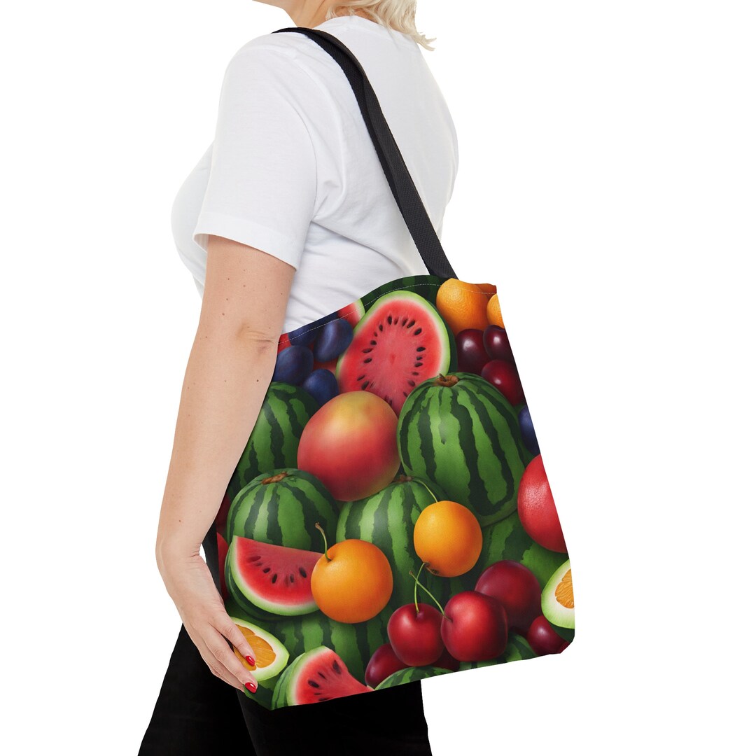 Summer Fruits Tote Bag, Orange Watermelon Plums Cherries Travel ...