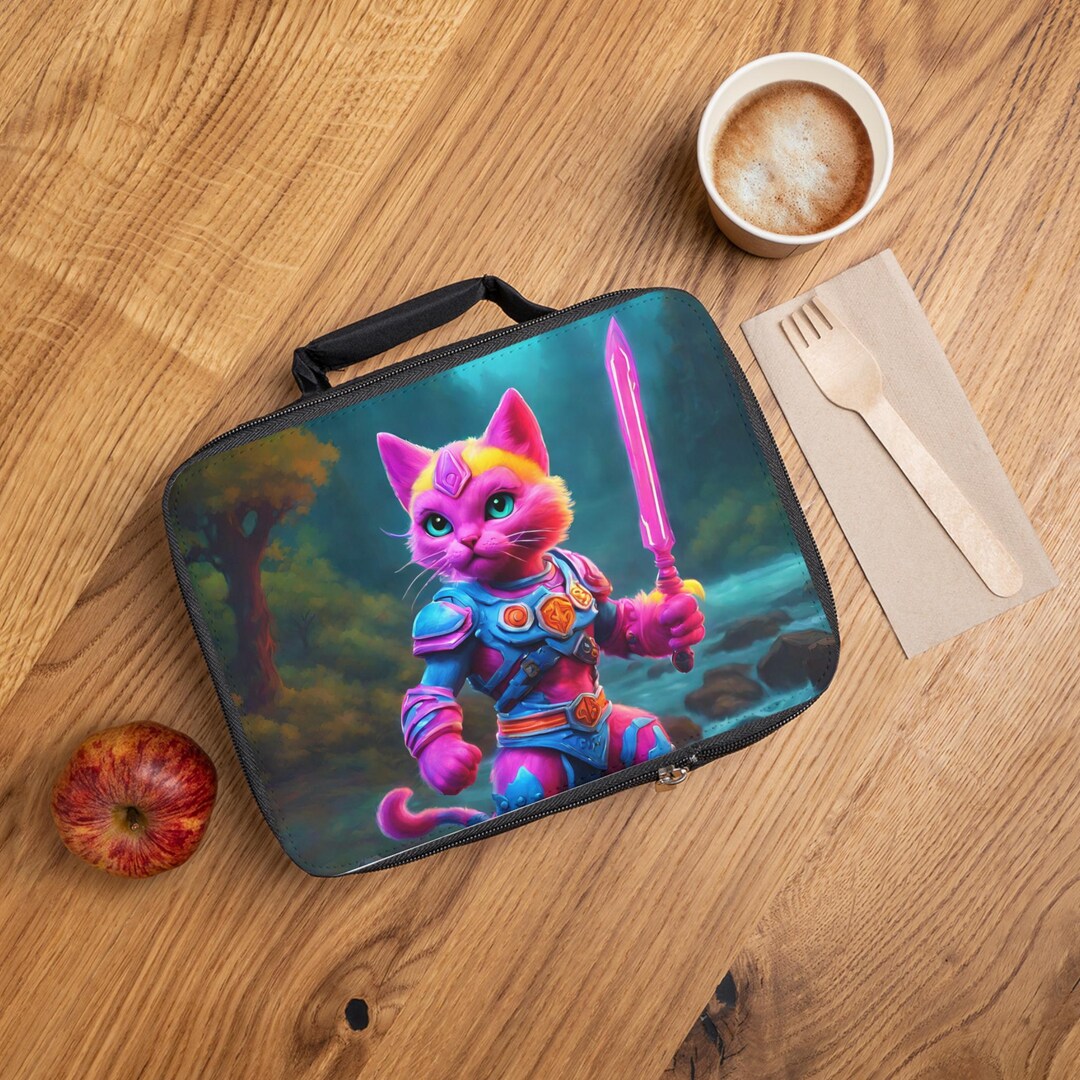 Neon Pink Warrior Cat Lunch Bag Box, Girls Forest River Scene Feline ...