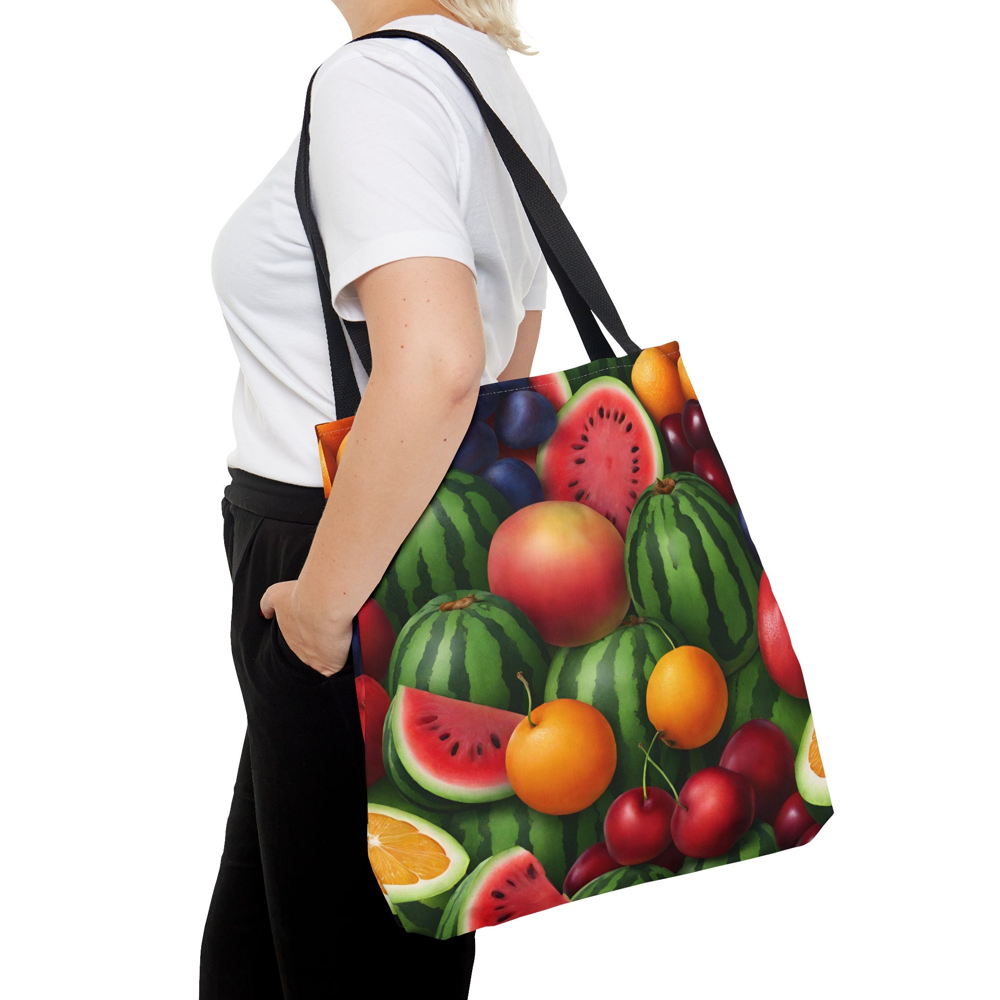 Summer Fruits Tote Bag, Orange Watermelon Plums Cherries Travel ...