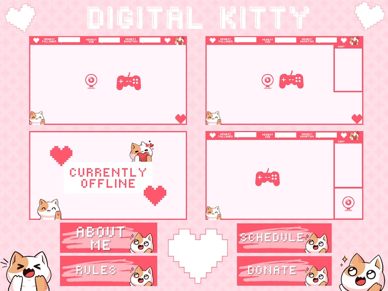 Digital Kitty Twitch Overlay Set With Overlays, Animated Scenes, and ...