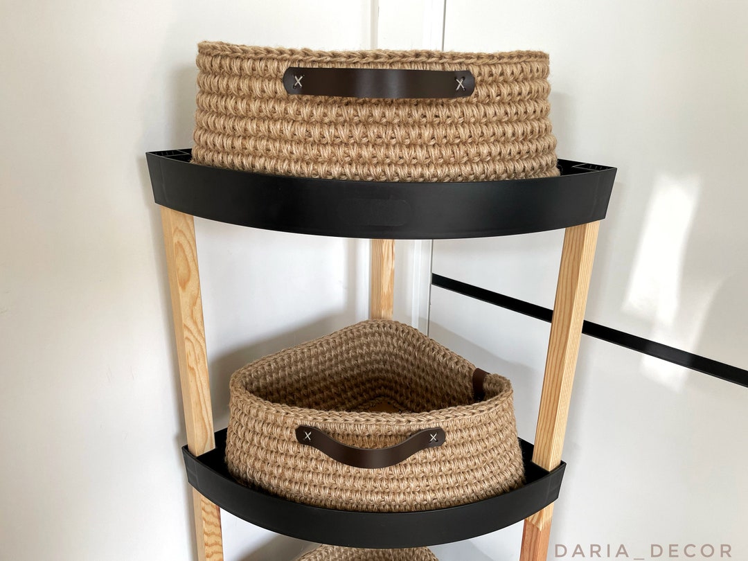 Natural Jute, Triangle Storage Basket With Leather Handle, Corner Shelf ...