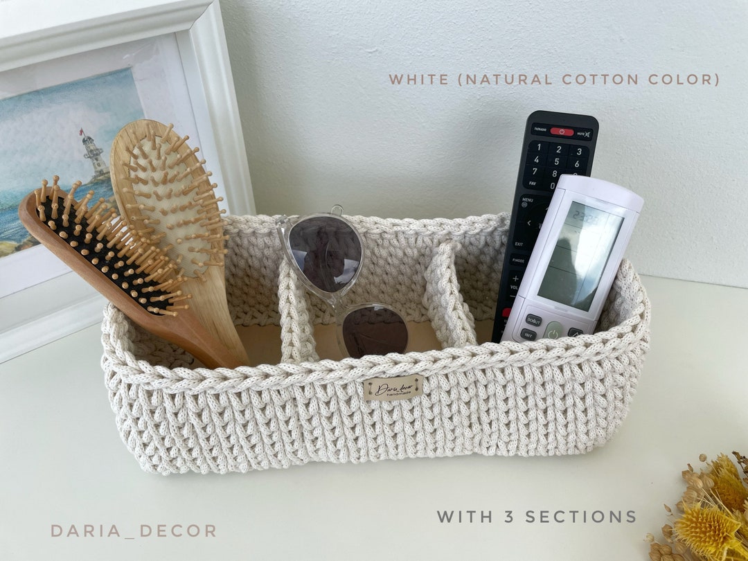Crocheted Cotton Basket With Dividers: Bedside Desk Organizer, Remote ...