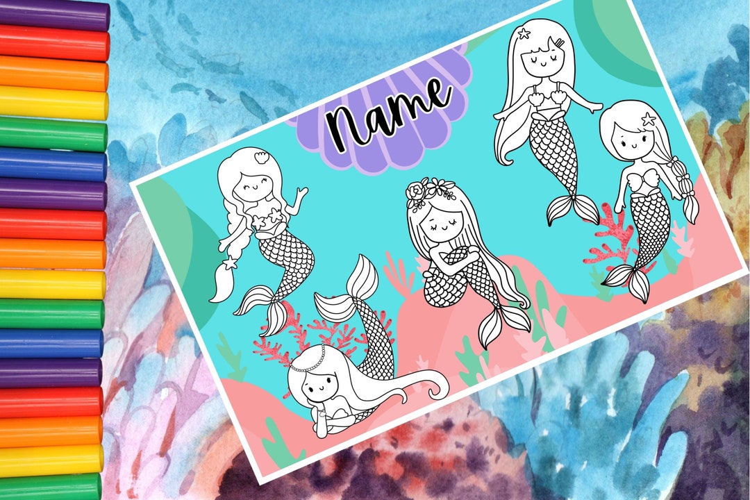 Personalized Name Placemat Mermaid Colors Reusable Colorable Custom - Etsy