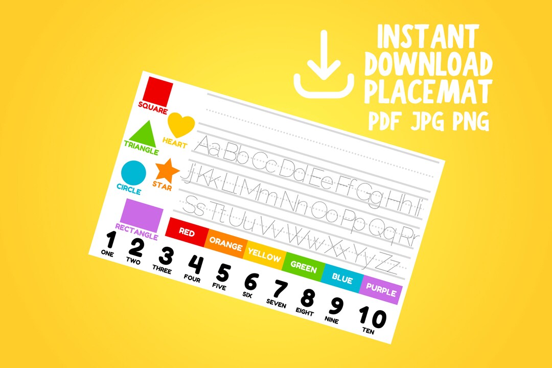 Instant Download Placemat Primary Learning Numbers Letters Shapes ...