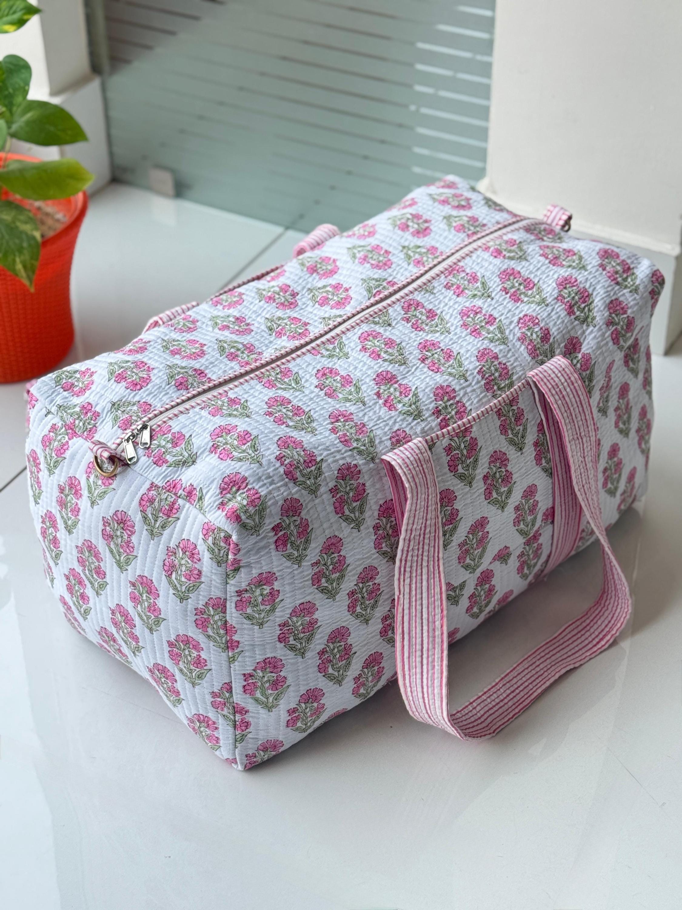 Vintage Cotton Quilted Duffel Bag, Block Print Quilted Weekender Bag ...