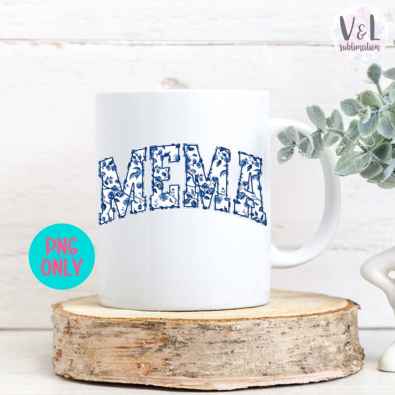 Mema PNG, Blue Floral Varsity Letters, Sublimation Design for Grandma ...