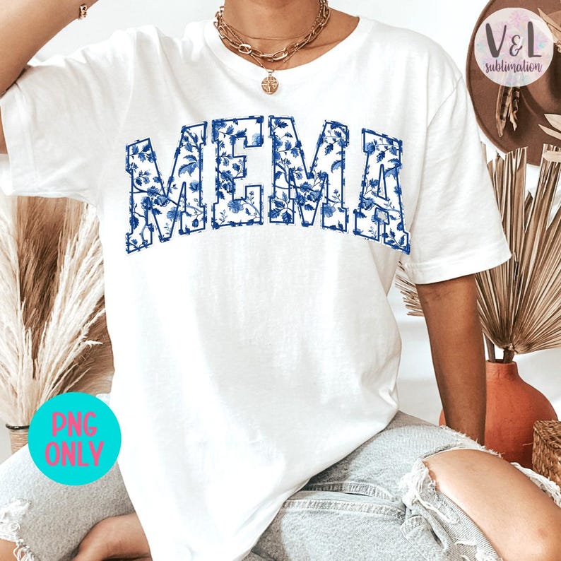 Mema PNG, Blue Floral Varsity Letters, Sublimation Design for Grandma ...