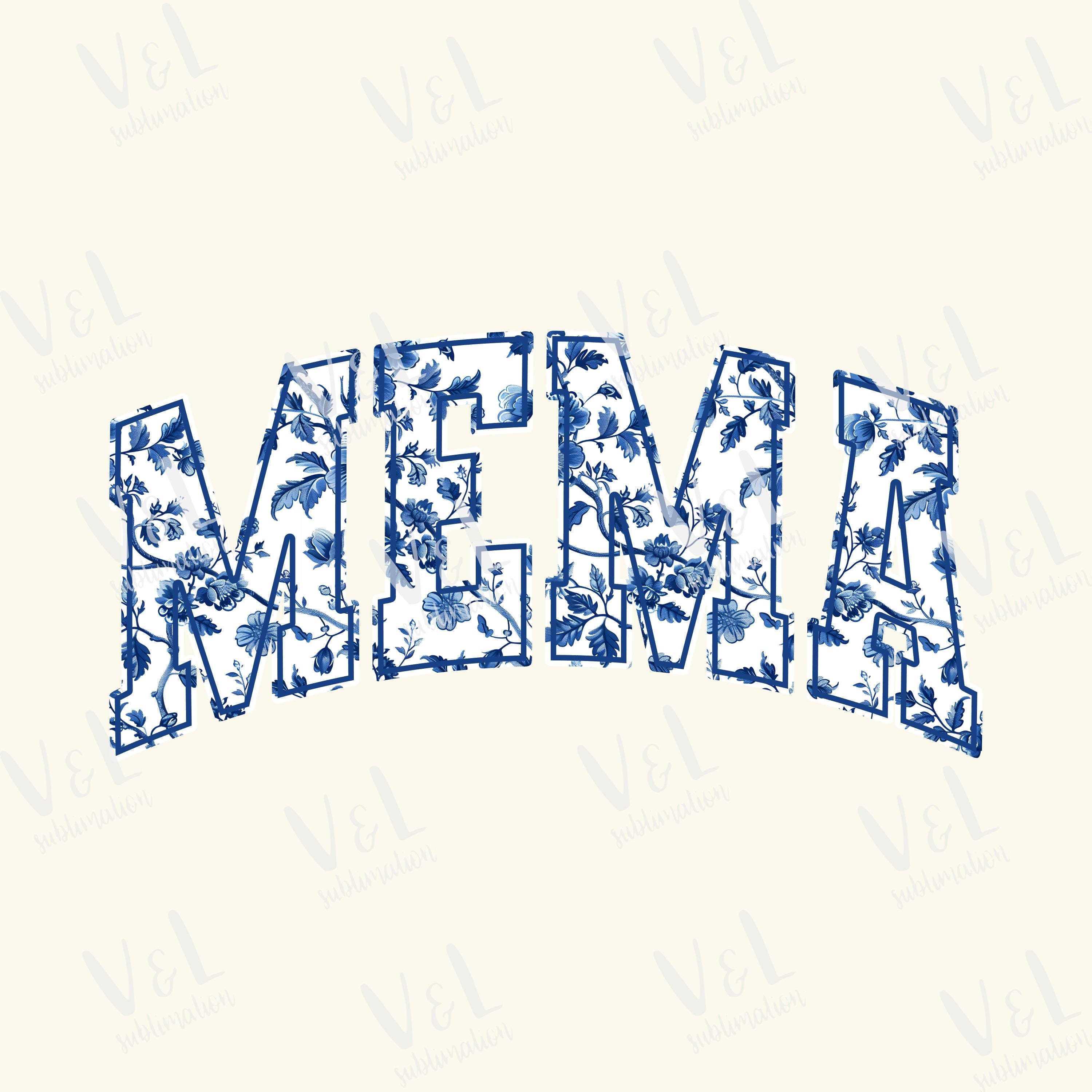 Mema PNG, Blue Floral Varsity Letters, Sublimation Design for Grandma ...