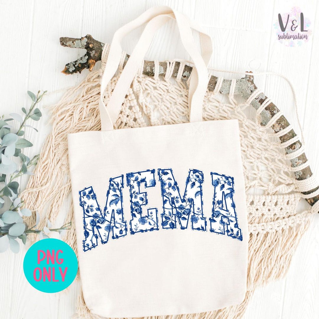 Mema PNG, Blue Floral Varsity Letters, Sublimation Design for Grandma ...