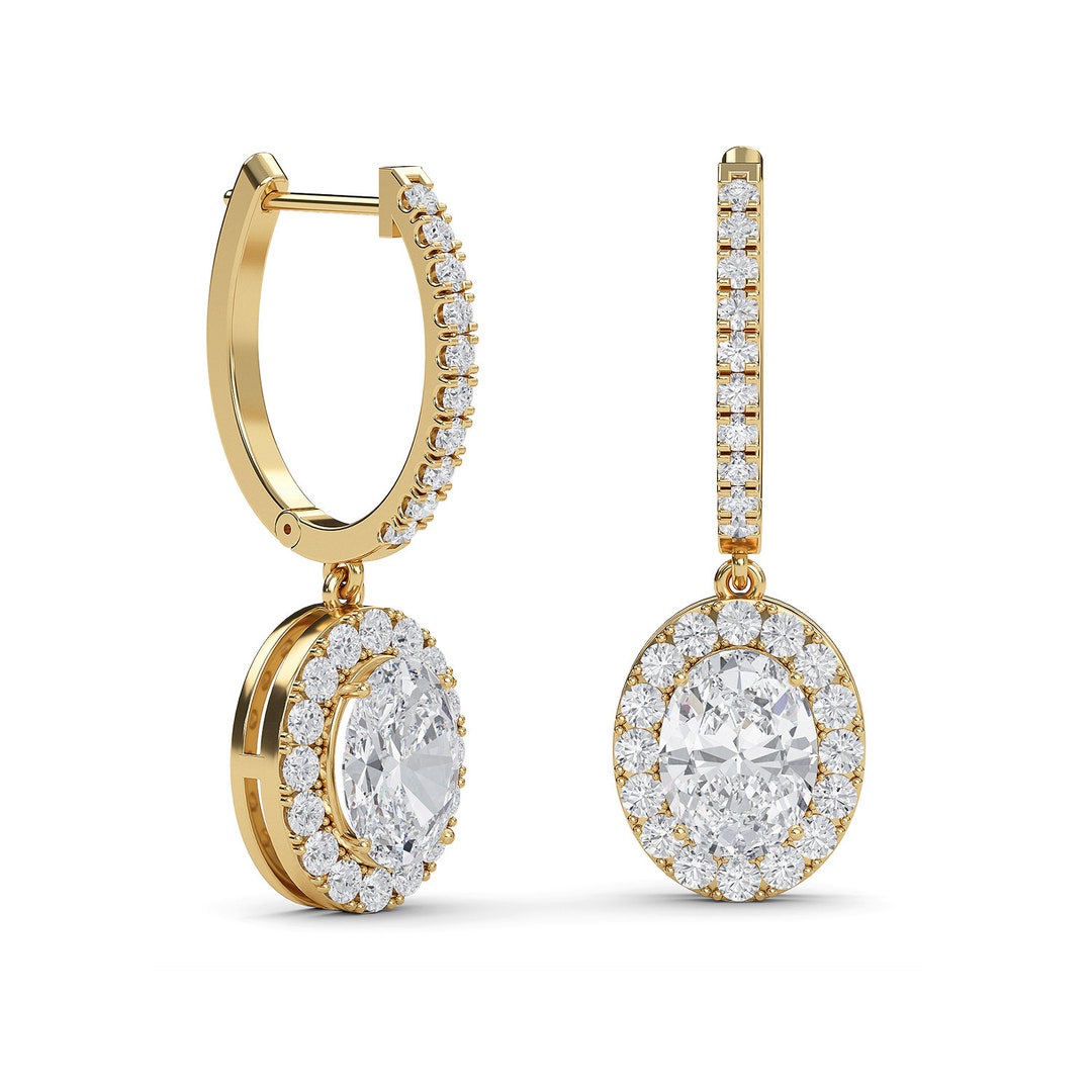 18k Gold Halo Drop Earrings: 2.0ct Oval Lab Grown Diamond - Etsy