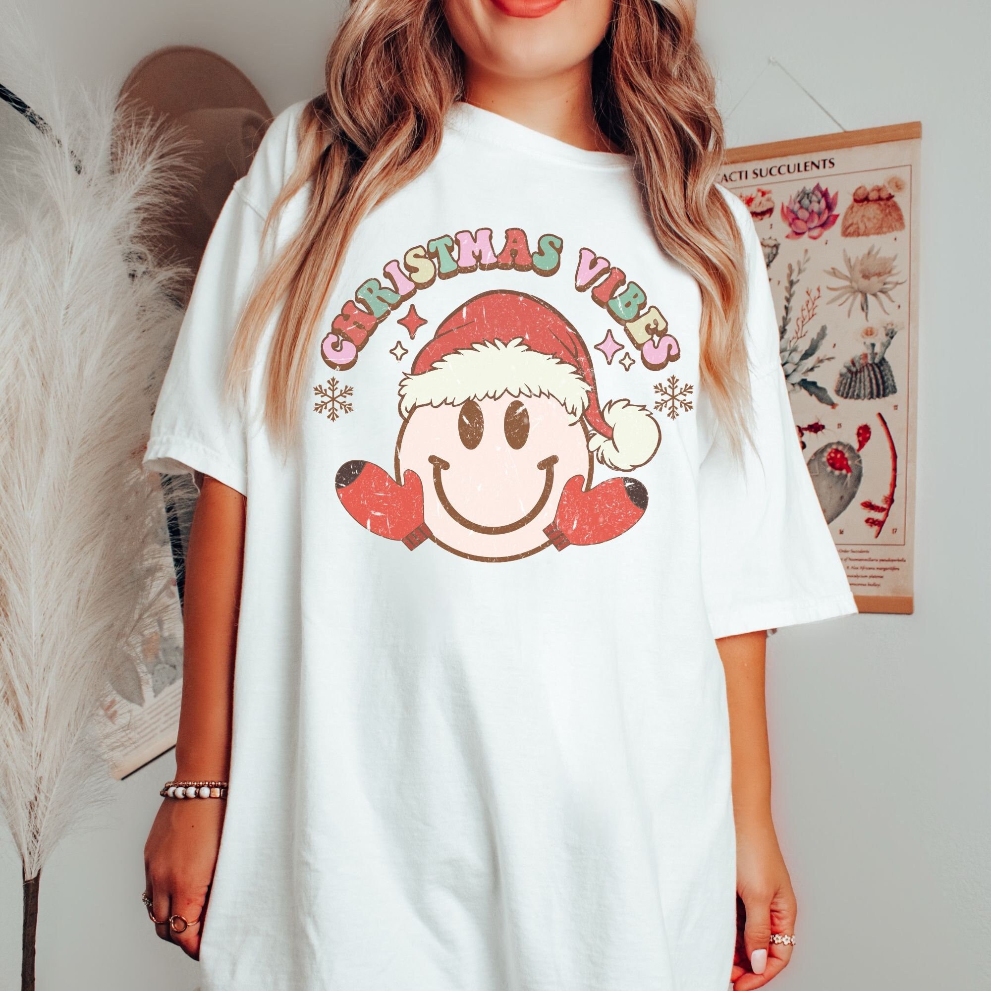 Retro Christmas Smiley Shirt Xmas Smiley with Santa Hat Preppy ...