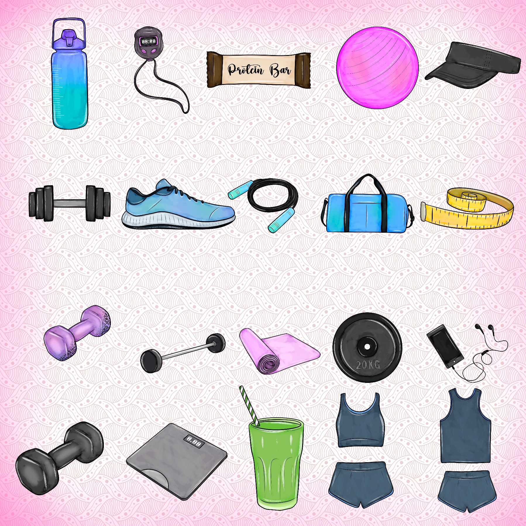 Hand Drawn Fitness Clipart Bundle Elements Digital Download for Crafts ...