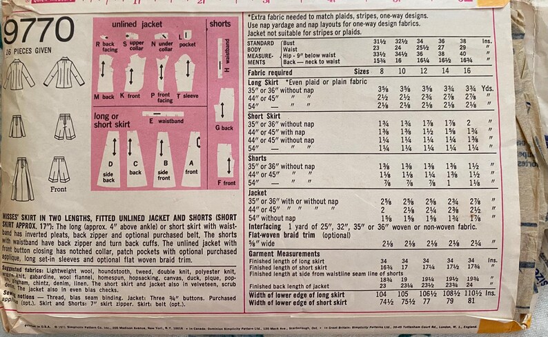 Vintage Simplicity Long or Short Skirts, Shorts, and Jackets Pattern ...