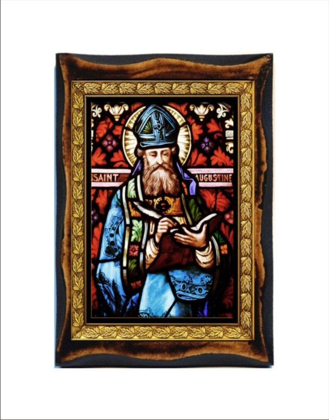 Saint Augustine - Holy Card - Icon on Handmade Wooden Plaque, Catholic ...