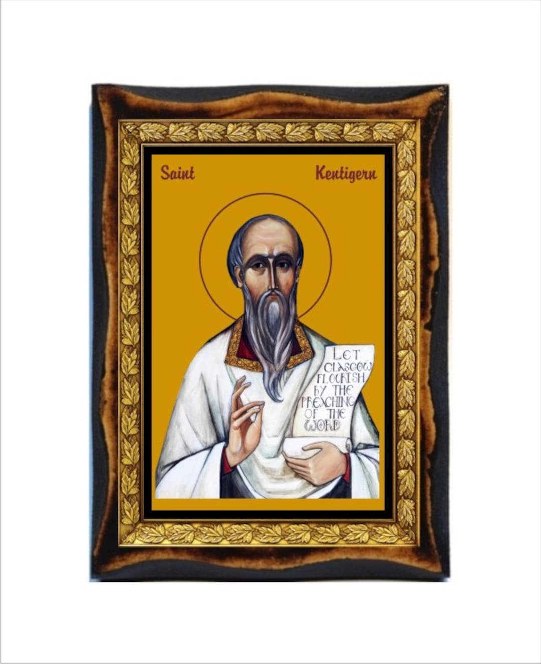 Saint Kentigern - Holy Card - Icon on Handmade Wooden Plaque, Catholic ...