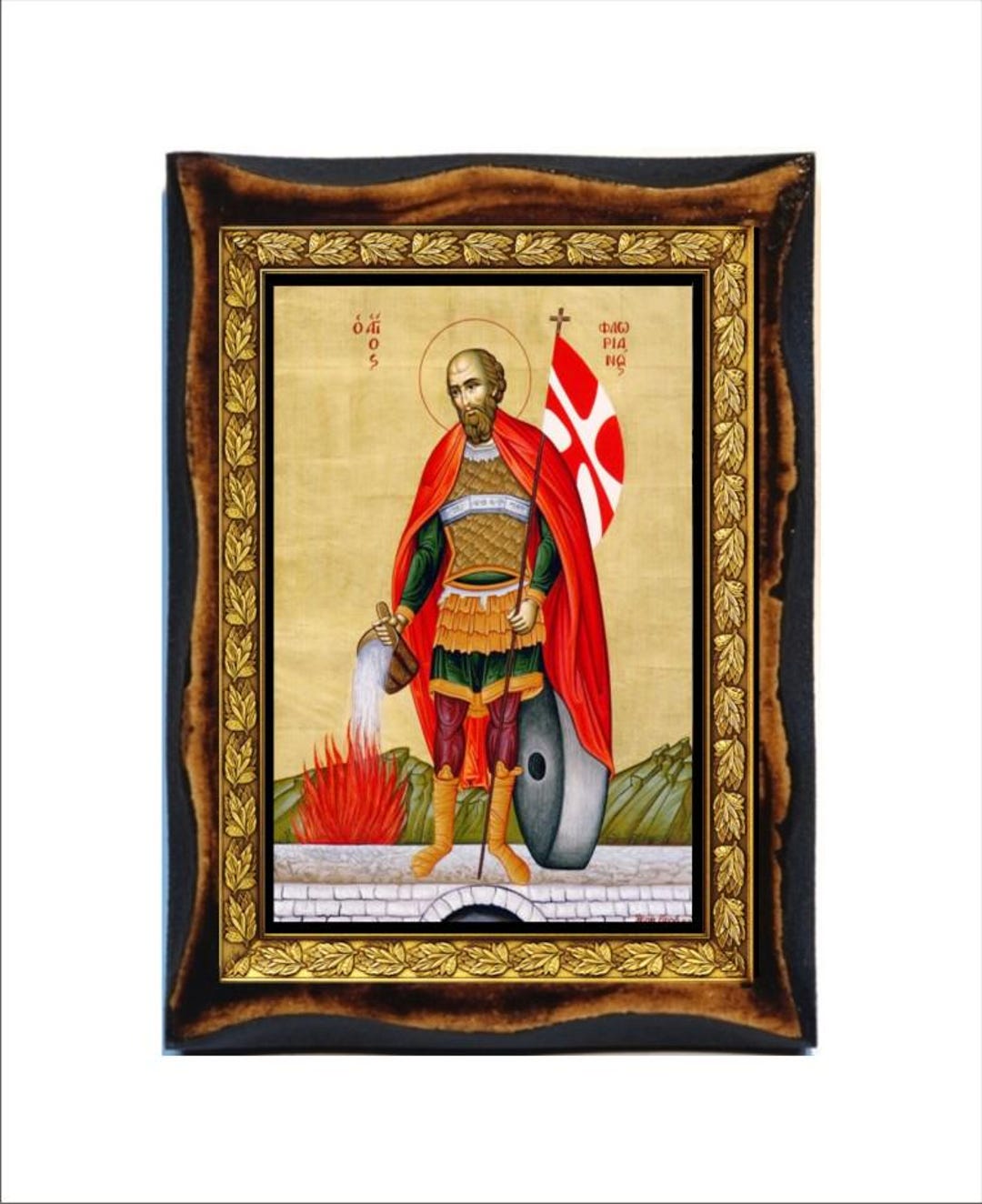 Saint Florian - Holy Card - Icon on Handmade Wooden Plaque, Orthodox ...