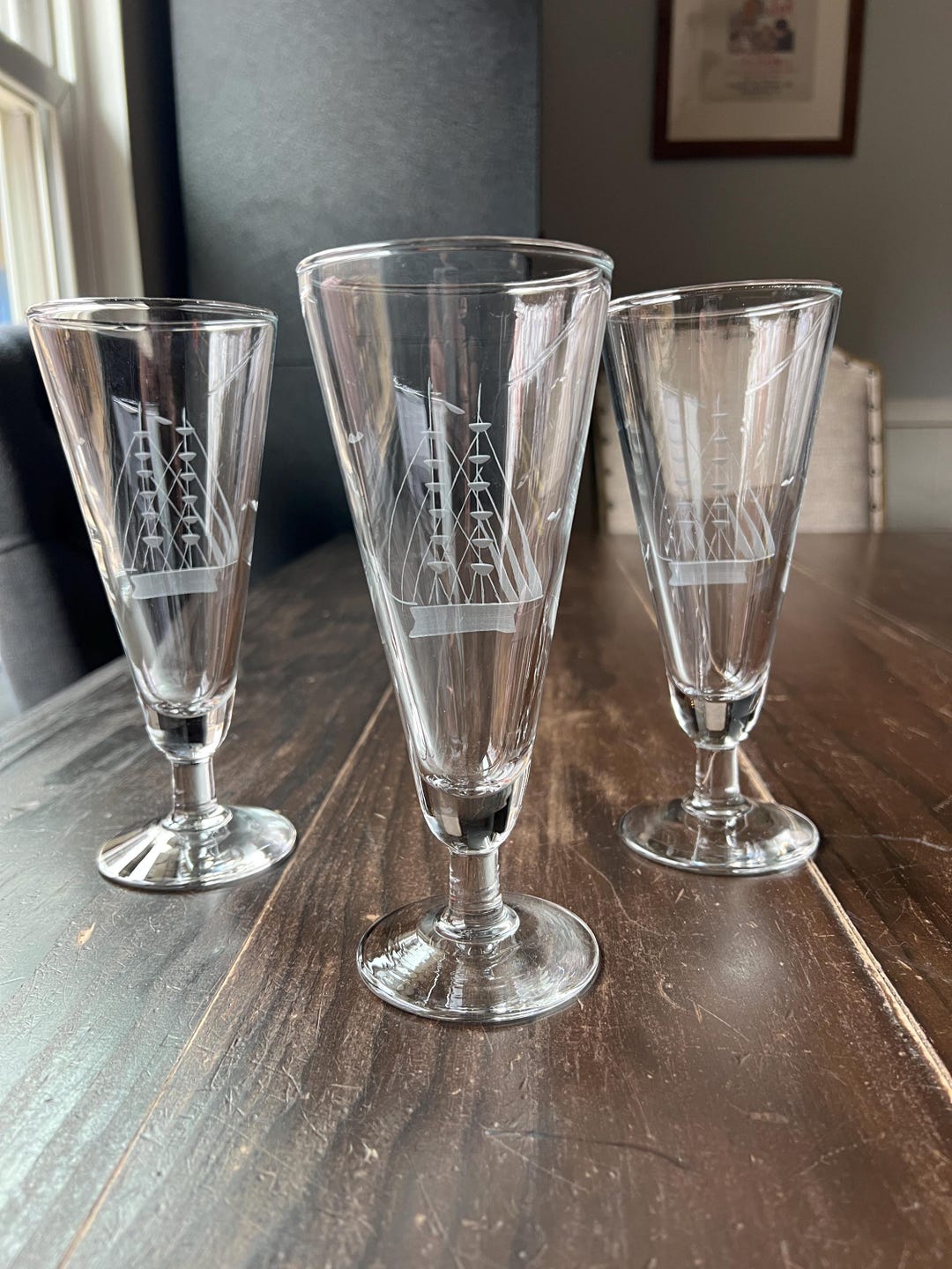 Javit Crystal Etched Clipper Ships Pilsner Glasses 7.5 Inches Tall Set ...