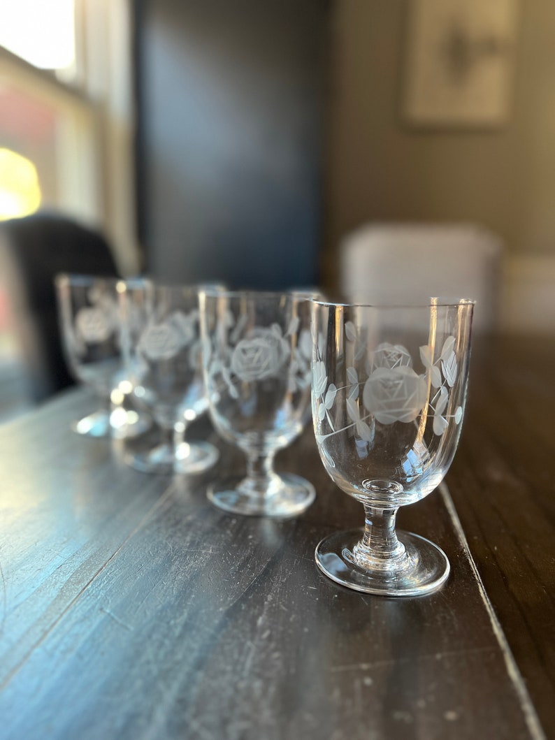 Set of Four Rose Etched Wine/water Goblets Vintage - Etsy
