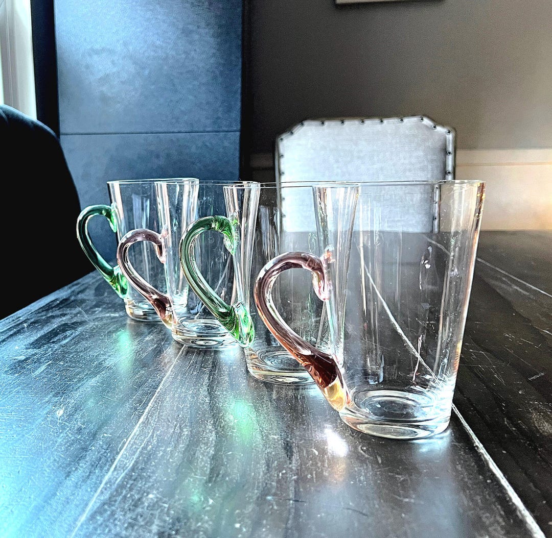 Handblown Crystal Hot Toddy or Beer Glasses Mugs With Green or Pink ...