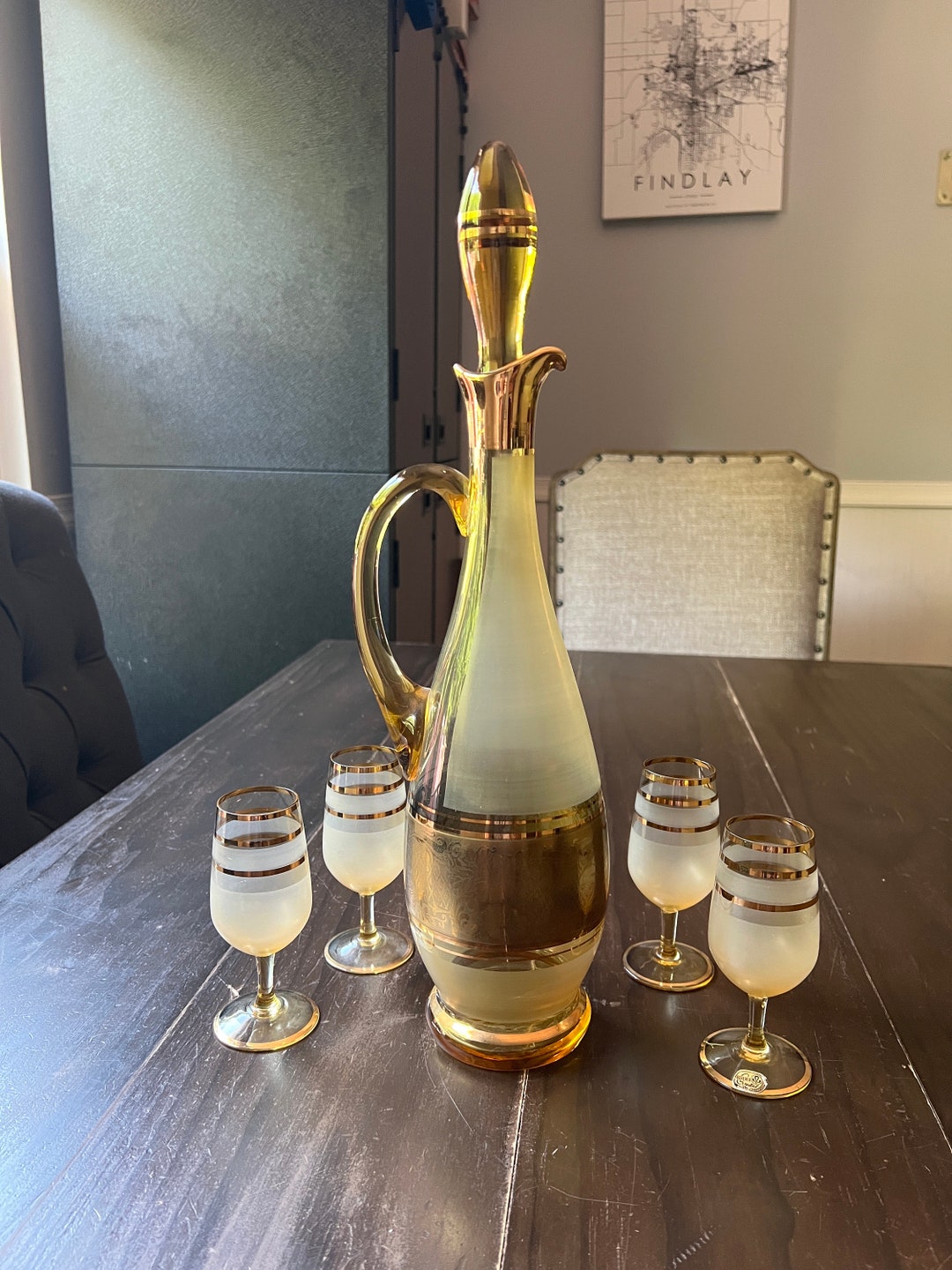 Bohemia Crystal Gold Barware Set: MCM Decanter and Cordial Glasses - Etsy