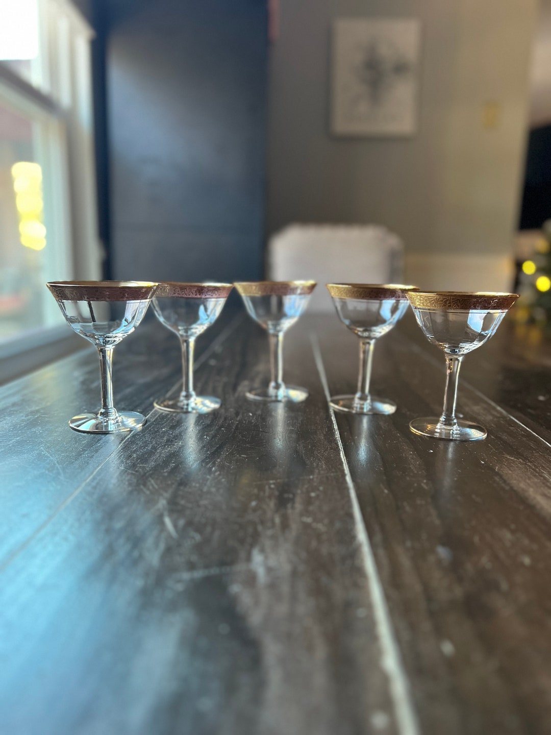 Set of Five Rambling Rose Gold Rim Tiffin-fransican Champagne Glasses ...
