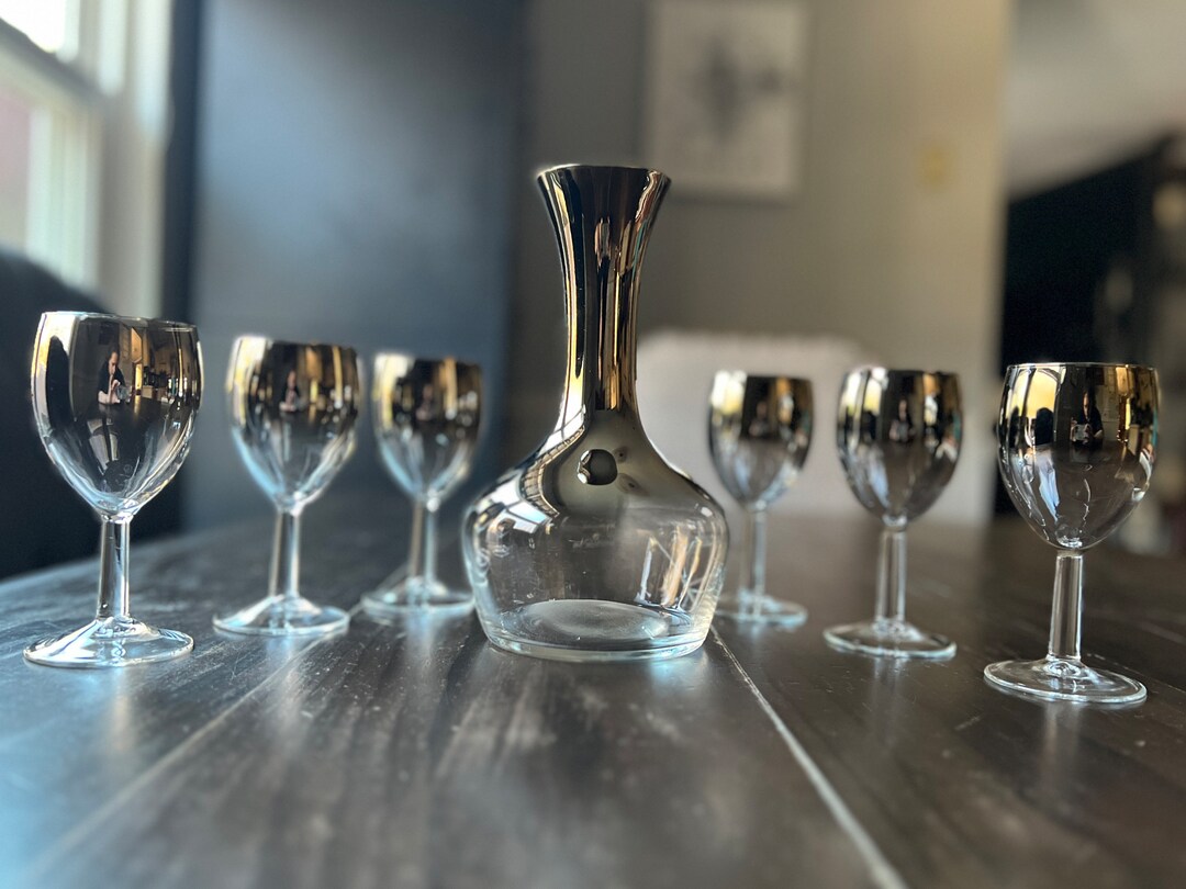 Queens Lusterware Silver Fade Wine Glasses and Decanter 1960s MCM ...