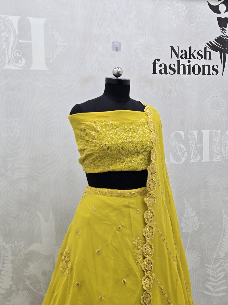 Yellow Georgette Sequined Lehenga Choli, Designer Haldi Ceremony Outfit ...
