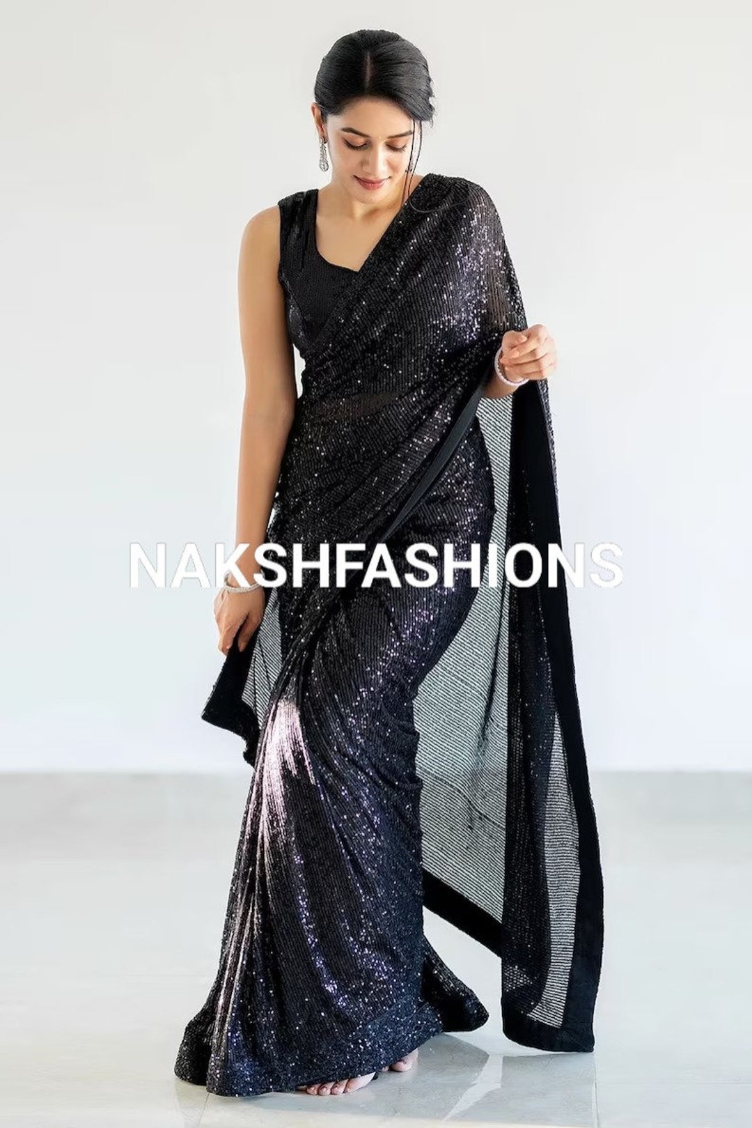 Black Georgette Party Wear Saree With Sequence Work and Banglori Silk ...